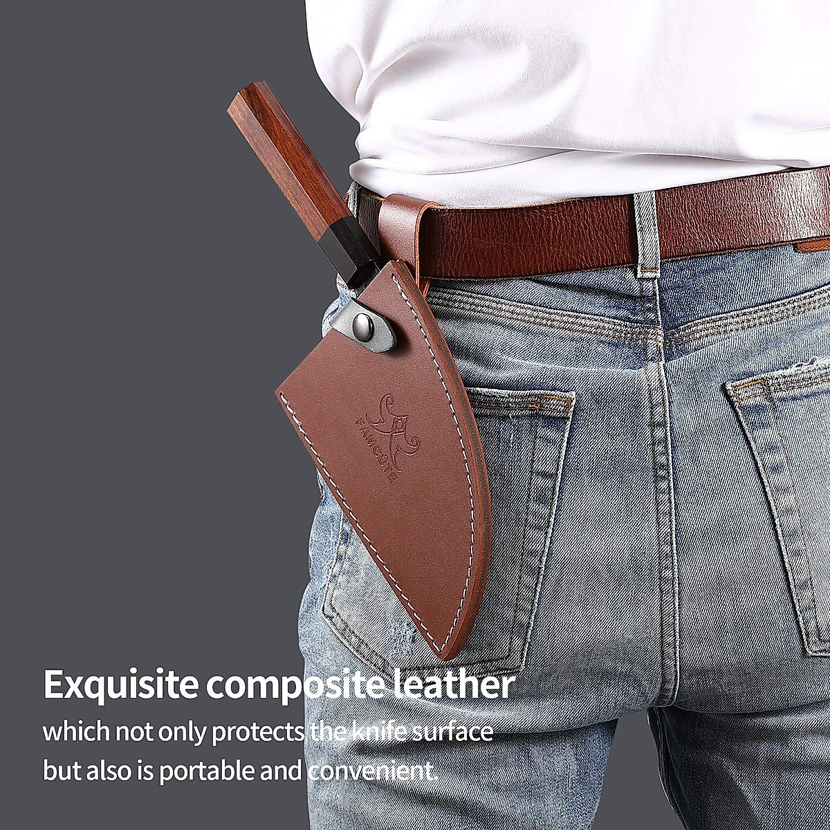 FAMCÜTE 6.5 inch Butcher Knife, 3 Layer 9CR18MOV Clad Steel w/octagon Handle Serbian Meat Cleaver Knife with Leather Knife Sheath