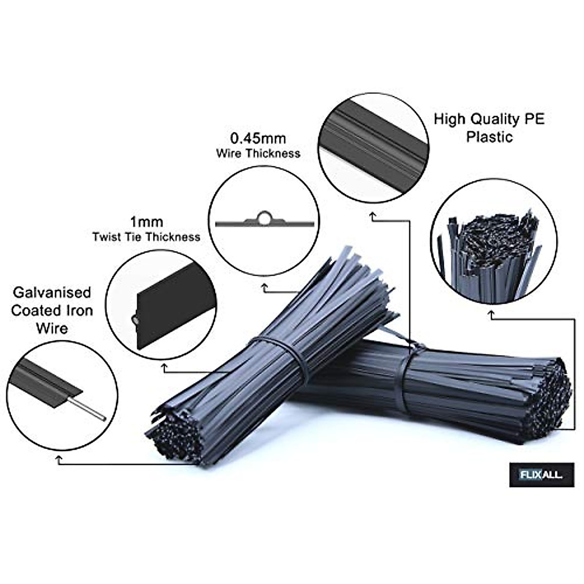 Flixall. 5 inches Twist Ties Pack of 100 - Premium Quality Reusable Black Plastic Coated Twist Ties for Bags, Cords - Bread Ties for Household