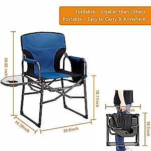 MaiuFun Folding Camping Chair with Side Table Portable Outdoor Director Chairs Heavy Duty Quad Support 330 lbs High Back Thicken Oxford with Padded Armrests, Storage Bag, Cup Holder(Blue)