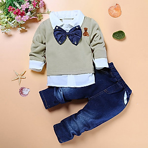 puseky 2pcs Toddler Baby Boys Bow Tie Shirt Tops+Denim Pants Gentleman Clothes Outfits for Baby Boys 2T 3T