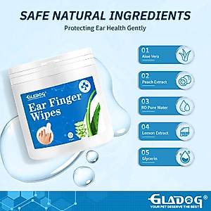 GLADOG Dog Ear Cleaner Finger Wipes, Ear Finger Wipes for Dogs Cats, Gently Removes Dirt & Odor, Dissolves Wax Build-Up, Easy to Use, Ear Cleaning Finger Wipes for Dogs, Natural Ingredients - 55 Count
