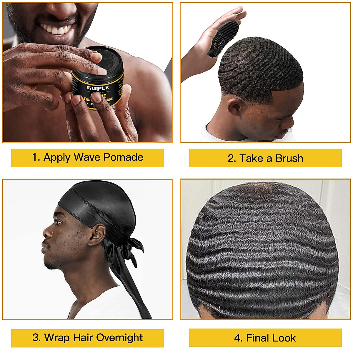 Natural Wave Pomade for Men Strong Hold, Easy Wash (Wave Pomade, 2 Wave Brushes, Silky Durag) Promotes Moisture, Control & Shine