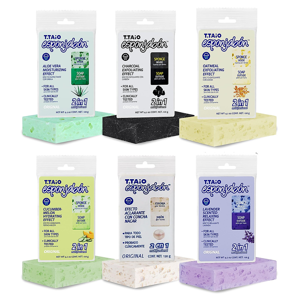 T.Taio Esponjabon Soap Sponge Variety Pack - Shower Scrubber & Bath Wash Scrub - Massage Face - Bathroom Accessories - Mother of Pearl, Aloe Vera, Lavender, Charcoal, Cucumber-Melon, Oatmeal (6 Pack)