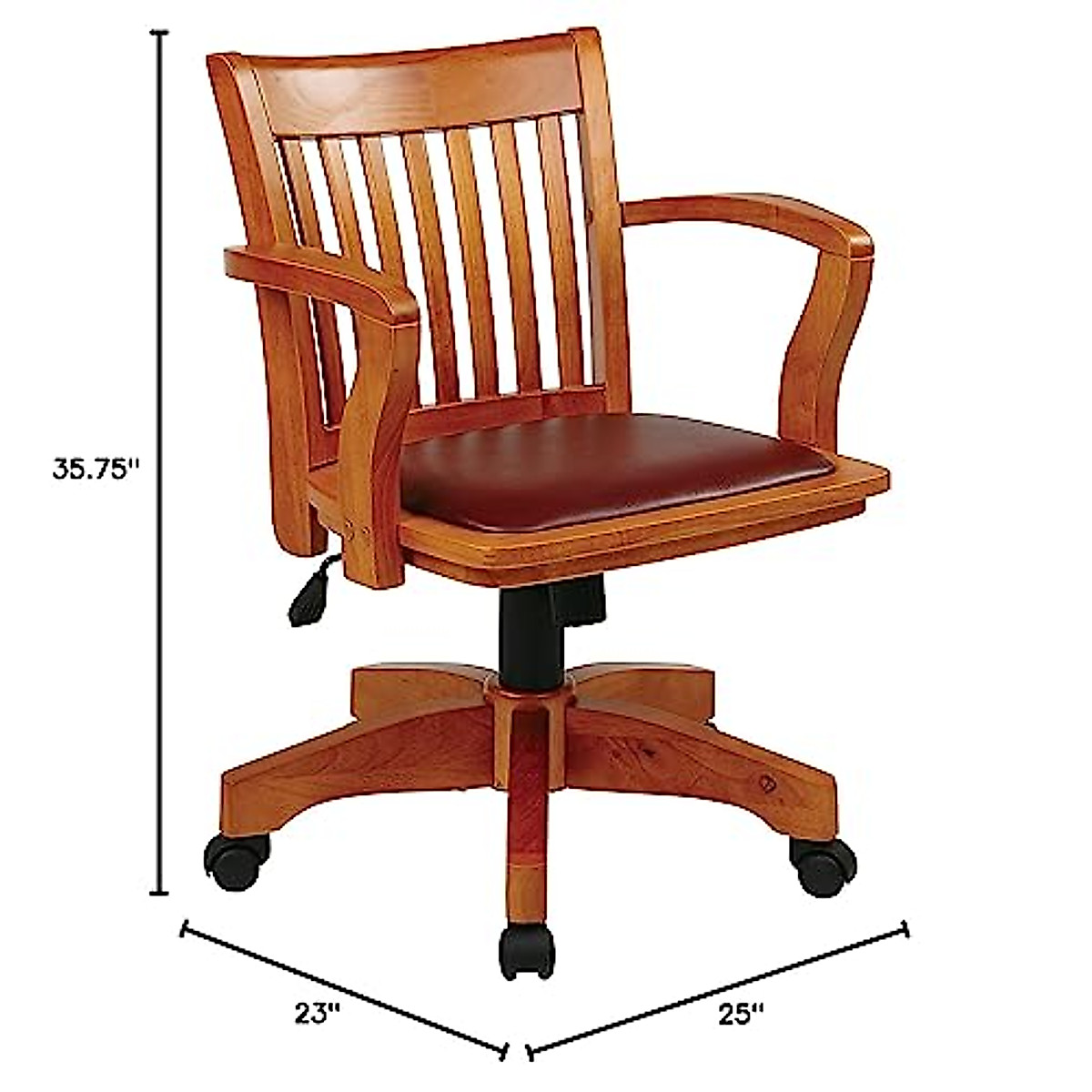 OSP Home Furnishings Deluxe Wood Banker's Desk Chair with Padded Seat, Adjustable Height and Locking Tilt, Fruitwood Finish and Brown Vinyl