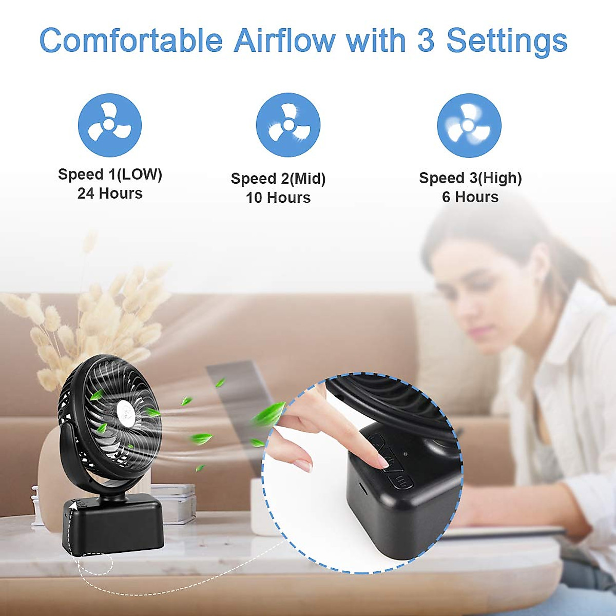 Towkka Portable Camping Fan with Led Lights, Quiet Stroller Fan with 3 Speed and Brightness Settings, 4 in 1 Rechargeable 5000mAh USB Desk Oscillating Fan