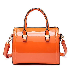 Dasein Shiny Patent Faux Leather Mini Barrel Body Satchel Handbag Shoulder Bag - Orange-new