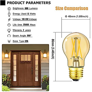 LEOOLS Dimmable E26 Amber led Bulb 6W Equal 60 watt Vintage LED Edison Bulb AC120V 2700K A15 LED Bulb for Ceiling Fan Light Bulbs,Refrigerator Light Bulb 600LM 6Pack