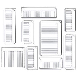 Kootek 9 Pcs Drawer Organizer 4-Size Bathroom Drawer Organizers Clear Plastic Desk Storage Bins Vanity Makeup Drawer Dividers for Jewelry Dresser Bedroom Kitchen Gadgets Office (Clear)