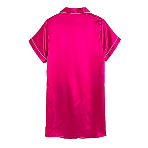 Hupohoi Girls Satin Pajamas Dress Button Down Silky Sleepwear Nightgown Short Sleeve Nightshirt Dresses, Rose, 12