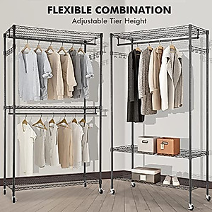 DEVO 3 Tiers Garment Racks with Storage Shelves, Heavy Duty Rolling Clothing Rack Closet Organizer, Portable Clothes Rack for hanging clothes W/Hanger Bar & Wheels & 1 Pair Side Hooks, Max Load 450LBS
