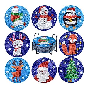 Ebherys Diamond Painting Coasters Kit with Holder and Stands, 8 or 10 Pcs DIY Diamond Painting Art Kits for Adults and Kids (Christmas Red)