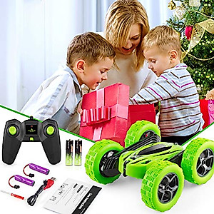ORRENTE Remote Control Car, RC Cars Stunt Car Toy, 4WD 2.4Ghz Double Sided 360° Rotating RC Car with Headlights, Kids Xmas Toy Cars for Boys/Girls (Green)