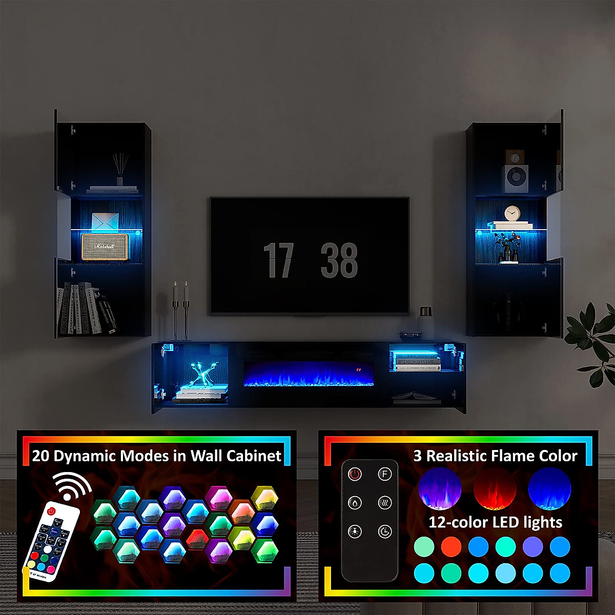 AMERLIFE Wall Unit Entertainment Center with 36" Electric Fireplace, Includes 68" Floating Fireplace TV Stand, 2 x Wall Cabinets, Modern LED Light Media Console Table for Living Room, Black/White