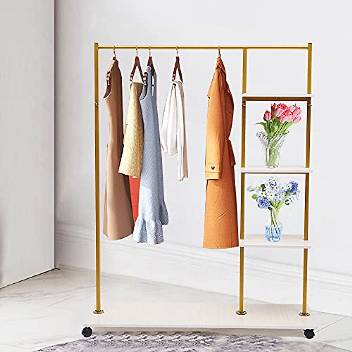 GDAE10 Gold Garment Rack Stand Iron with Universal Wheel and Shelves Square Wedding Dress Bridal Garment Rack Dress Display Stand Floor Hanger Storage Rack for Home Wedding Clothing Store