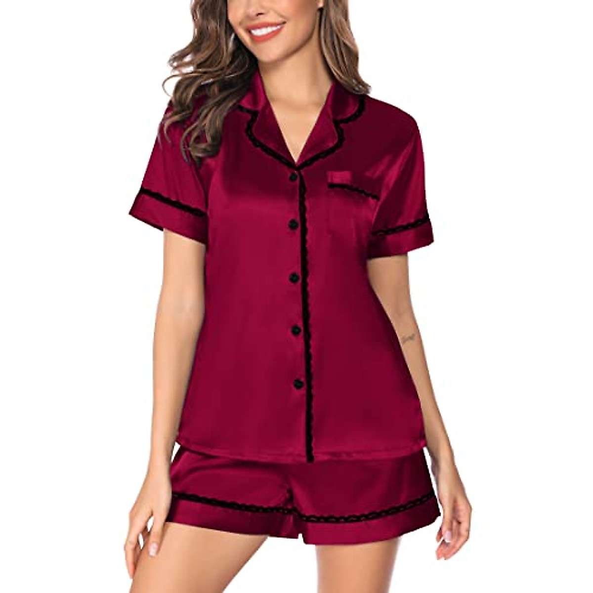 SWOMOG Mother Daughter Matching Pajamas Summer Pajamas for Women Satin Silk Pj 2 Piece Silky Lace Lounge Shorts Pjs Sleepwear Wine Red