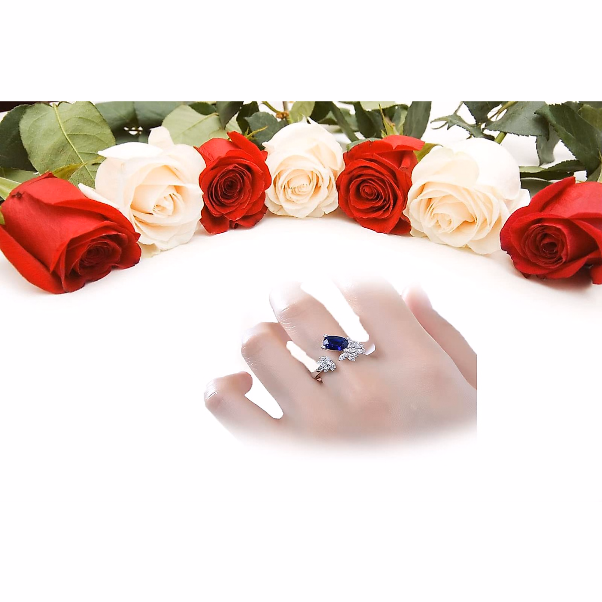 H.Queen Lifetech Fashionable Navy Sapphire Zircon Created Gemstone Rings Navy Blue Adjustable Open Rings Copper Plated 925 Silver for Women（Navy Blue