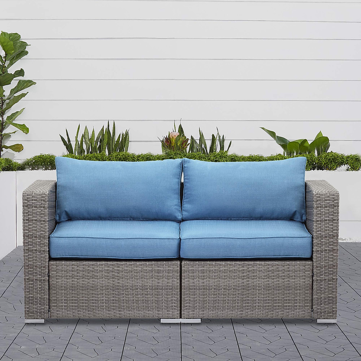 Wisteria Lane 2 Piece Patio Furniture Set of 2 Seats,Outdoor Wicker Patio Loveseat Sofa with Cushion, Outdoor Sectional Corner Sofa for Garden Backyard, Blue