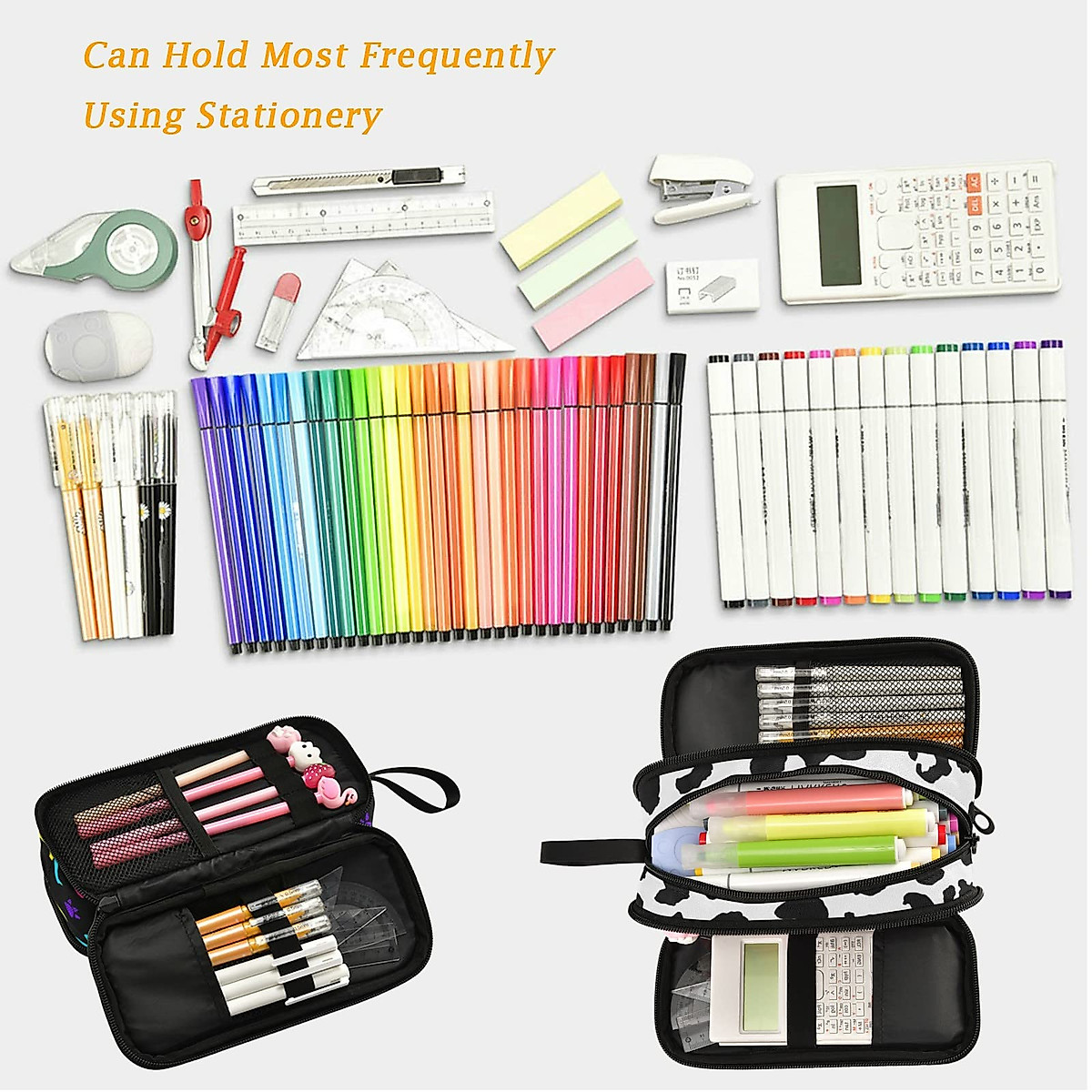 Fustylead Black White Milk Cow Skin Print Large Pencil Pen Case Stationery Bag, 3 Compartments School College Office Desk Organizer Storage Pouch Marker for Teen Boys Girls Students