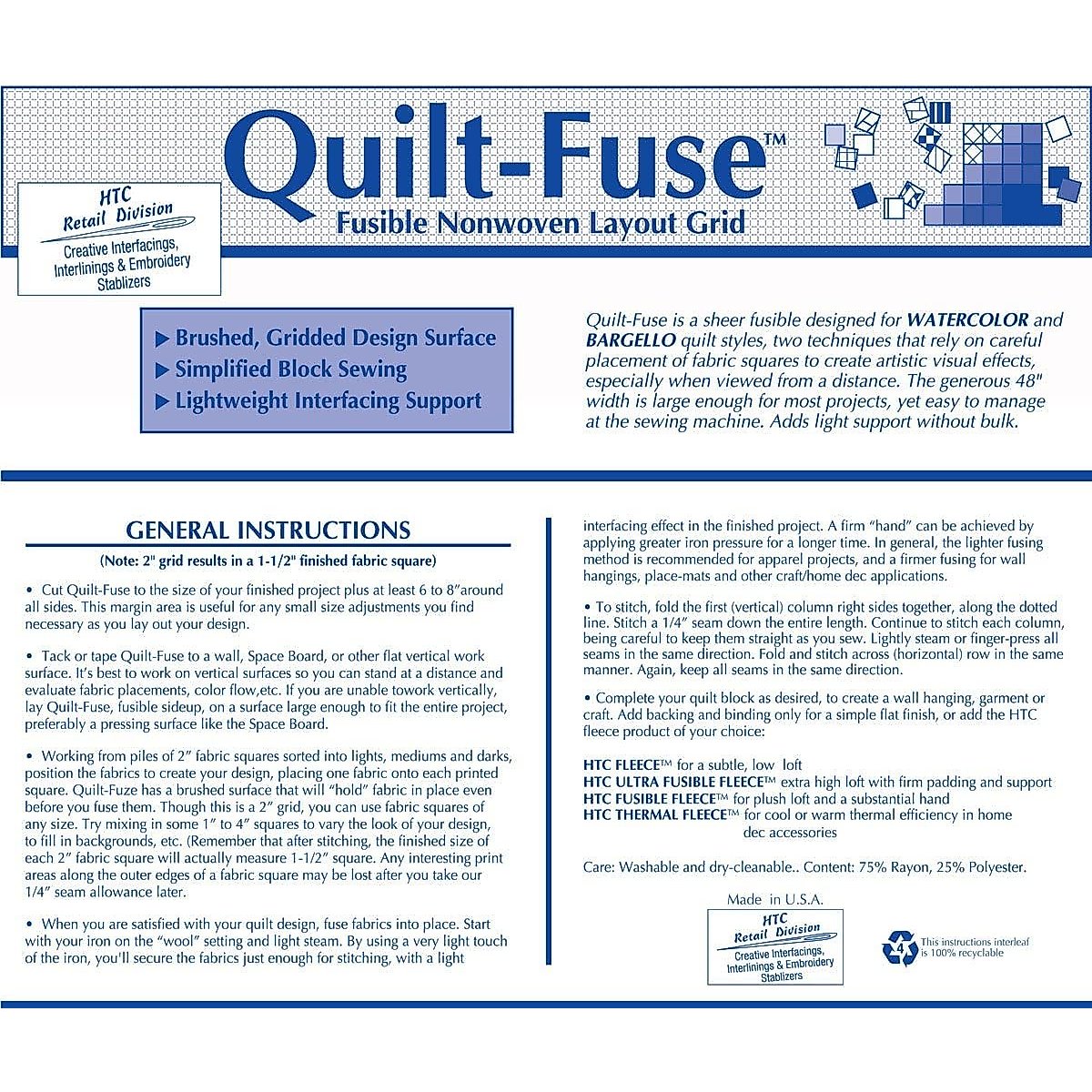 Superpunch Quilt-Fuse HTC3240-1 Interfacing/Interlining, White Fusible Interfacing Lightweight– 48” Wide Nonwoven 2” Layout Grid, Iron On Polyester/ Rayon Interfacing for DIY Crafts Supplies- USA Made
