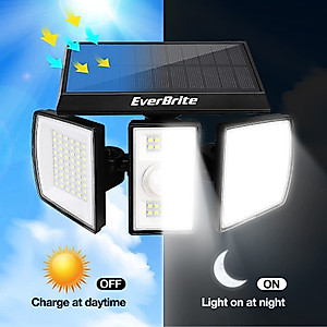 EverBrite Solar Outdoor Lights, 128 LED 7000K Solar Motion Sensor Lights, 3 Heads Security LED Flood Light, 270° Wide Lighting, IP65 Waterproof, Wall Light for Yard Patio Garden Pathway Porch