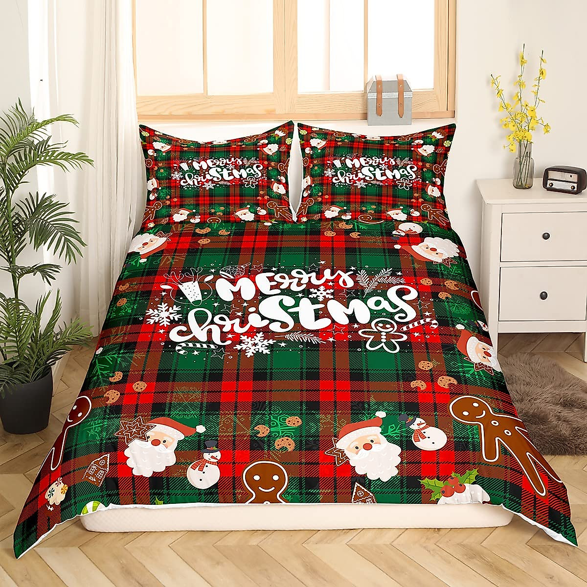 Christmas Duvet Cover Queen,Cartoon Santa Claus Snowman Bedding Set for Adult,Red Green Grid Checkered Comforter Cover,Snowman Snowflake Bells Quilt Cover with 2 Pillow Shams Bedroom Decor