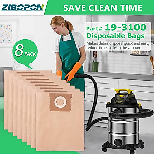 19-3100 Disposable Filter Bag Replacement for Stanley 5-8 Gallon Wet/Dry Vacuums, Dust Collection Vacuum Bags, 8 Pack