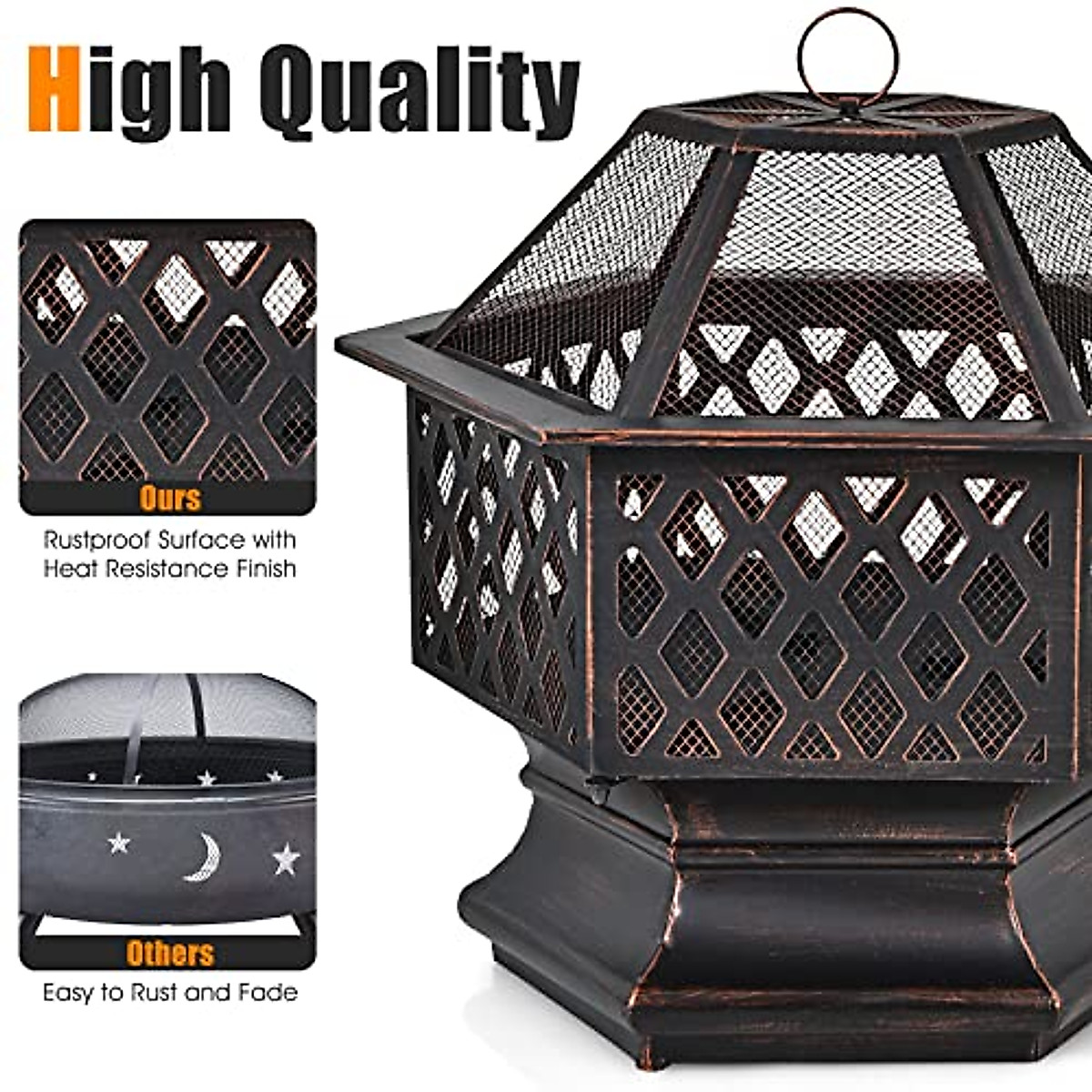 Giantex 26 Inch Outdoor Fire Pit, Large Hexagonal Fire Bowl with Spark Screen Cover and Poker, Wood Burning Firepit for Outside Camping Garden Patio Backyard