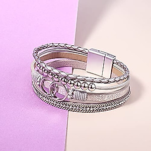 FANCY SHINY Boho Wrap Bracelets Leather Cuff Bangle Gold Beaded Bracelets for Women Stackable Infinity Bracelets Jewelry with Clasp(Silver)