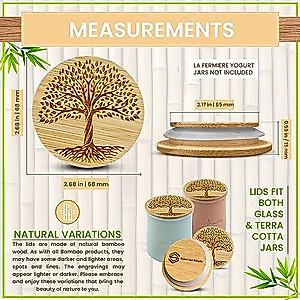 La Fermiere Yogurt Container Covers – Tree of Life Design or Choose a Design - 4 Bamboo Wood Lids Set With Extra Silicone Gaskets - Perfect Airtight Fit