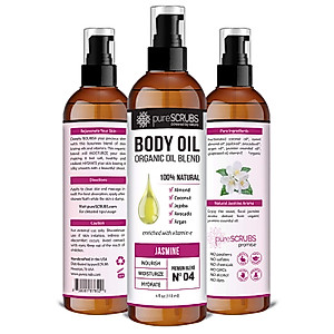 pureSCRUBS Ultra Moisturizing Jasmine Body Oil Spray for Dry Skin, Massage, Cuticles & More - Organic Super Blend of Jojoba, Argan, Coconut, Sweet Almond & Avocado Enriched with Vitamin E, Lg 4oz