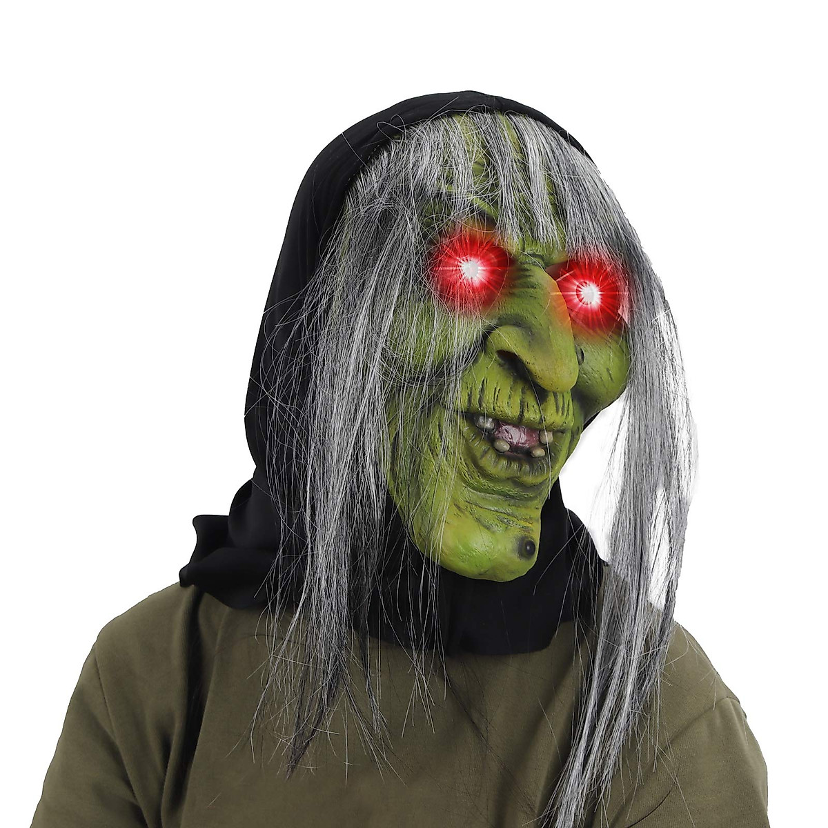 MOLEZU Halloween Witch Mask Scary Evil Costume Head Masks Creepy Adult Party Cosplay Props (LED-Green)