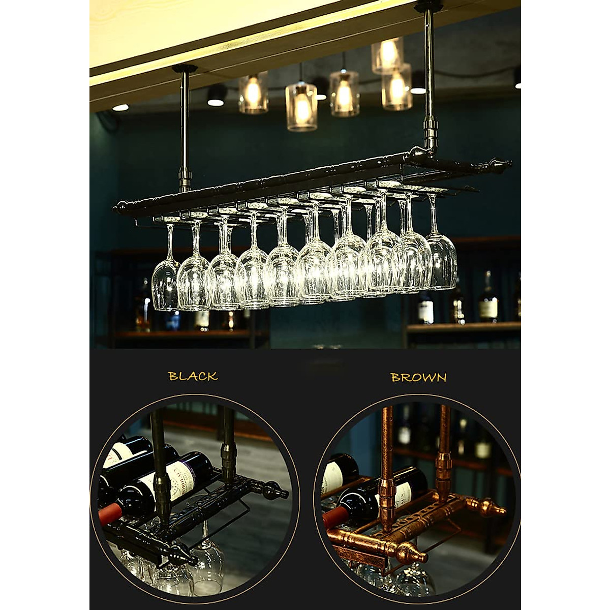 Hanging Wine Rack with Glass Holder and Shelf,Adjustable Metal Ceiling Bar Wine Glass Rack,2 in 1Industrial Wall Mounted Wine and Glass Rack,47.3” Bottle Holder Wine Shelf