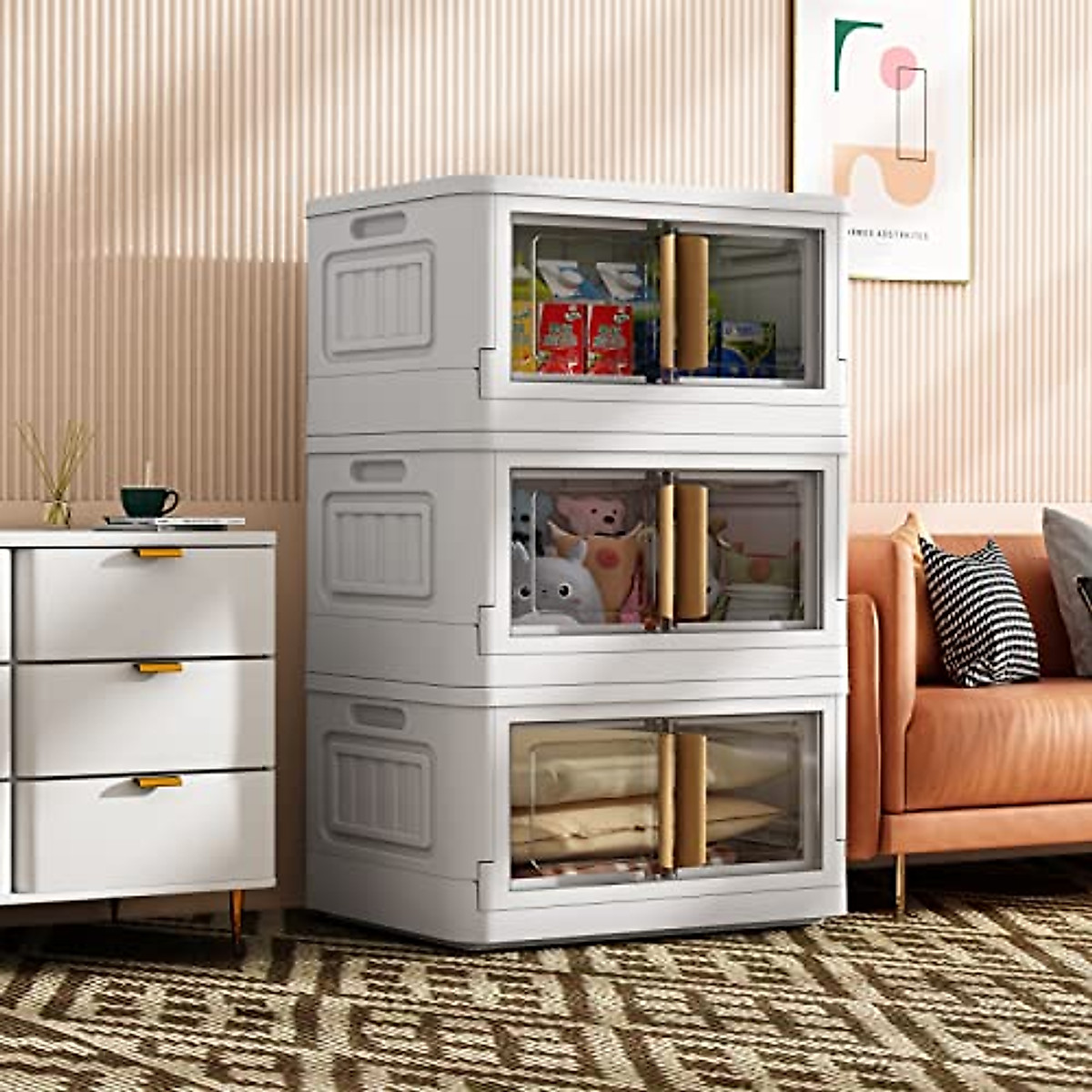 SIRIRIC Storage Bins with Lids-13 Gal Plastic Storage Bins, 4 Packs Collapsible Storage Bins with Wheels, Closet Organizers and Storage with Doors, Stackable Storage Bins for Home,Office