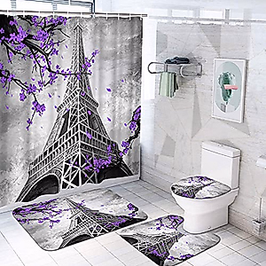 DuoBaorom 4 Pieces Set Building Shower Curtain Set Eiffel Tower Leaning Tower Big Ben Purple Flower on Non-Slip Rugs Toilet Lid Cover Bath Mat and Bathroom Curtain with 12 Hooks 72x72inch