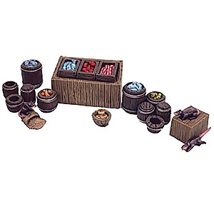 War World Gaming Fantasy Village Street Market Stall and Barrels Set – 28mm Heroic Scale Wargaming Terrain Model Diorama Scenery Wargame Tabletop Medieval Battle Wargame Battleboard