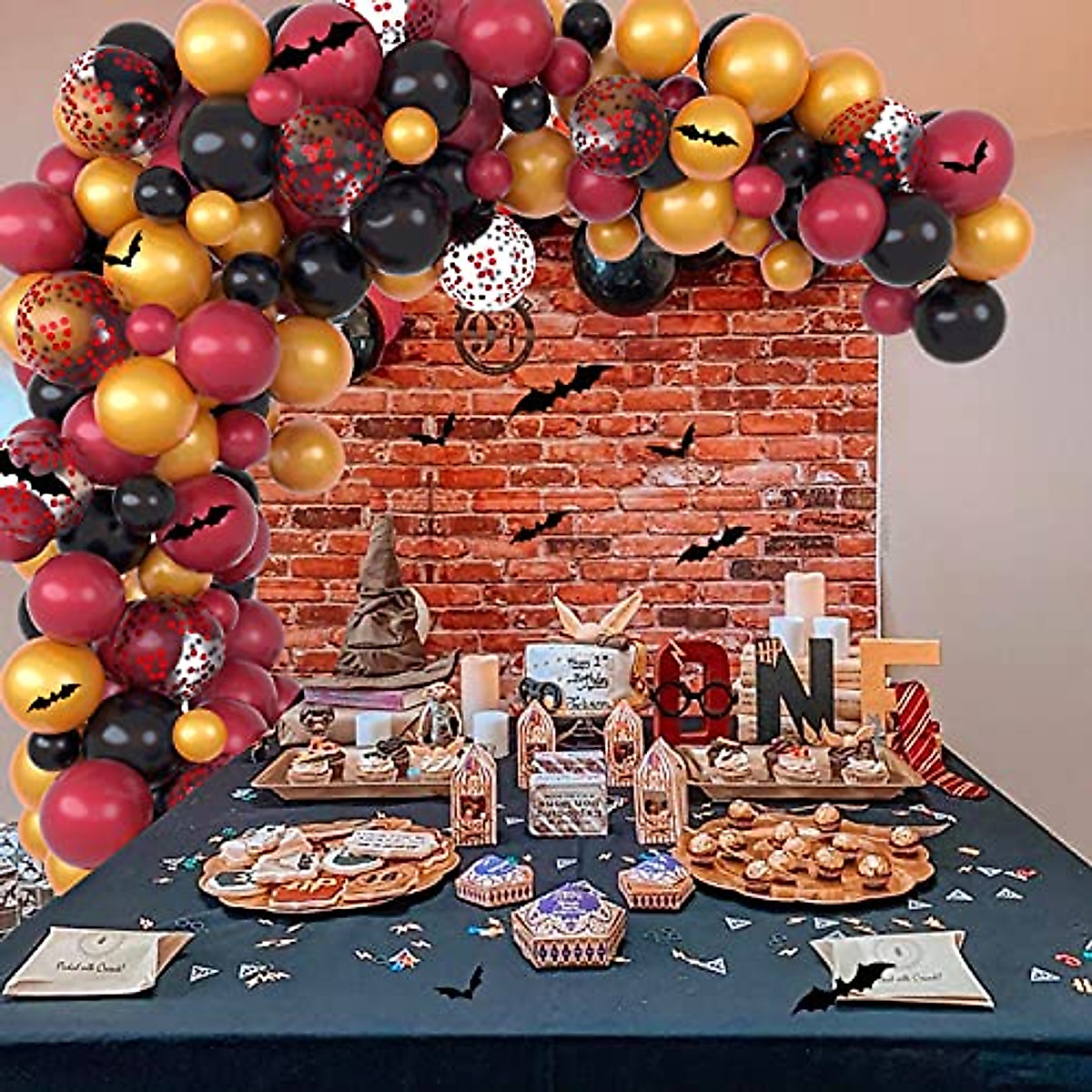 Magic Wizard School Balloon Garland Arch Burgundy Black Gold Latex Balloons Confetti Balloon Bat Sticker Tie Glasses Frame Set for Baby Shower Birthday Party Decorations