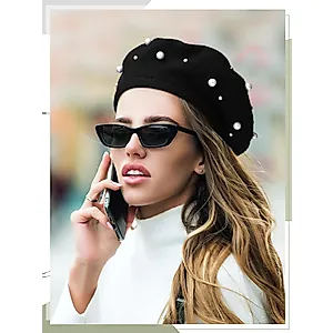 Vabean Wool Berets Pearl Beaded Beret Cap Beanie French Beret Hats for Women Sweet Elegant Starry Pearl Hat(Chic Color,6 Pcs)