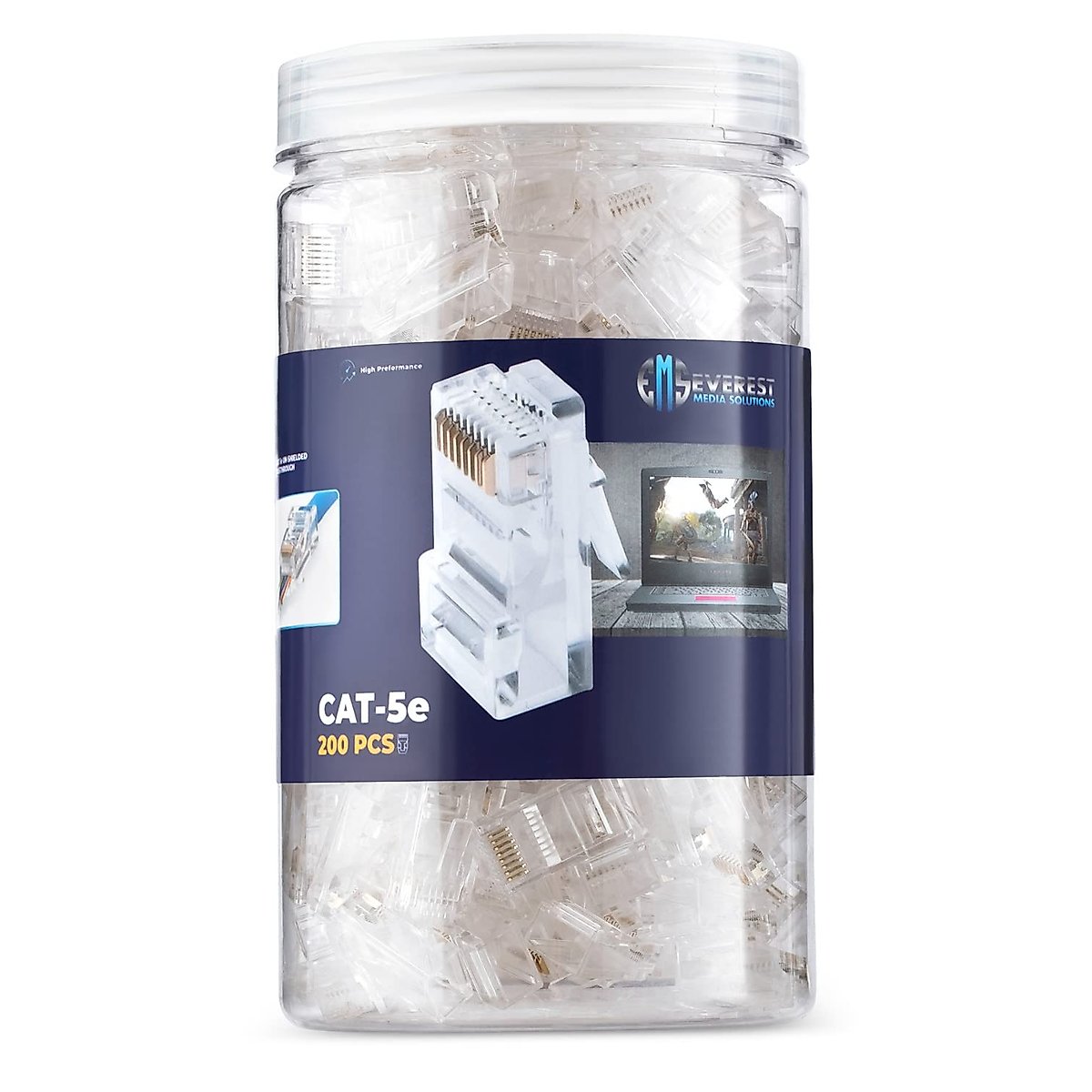 Everest Cat5e RJ45 Pass Through Connector 200-Pack - EZ Cat 5e Pass Through RJ45 Connectors - Cat 5e Connectors - Ethernet Connector, Ethernet Plug - for Solid or Stranded UTP Network Cable