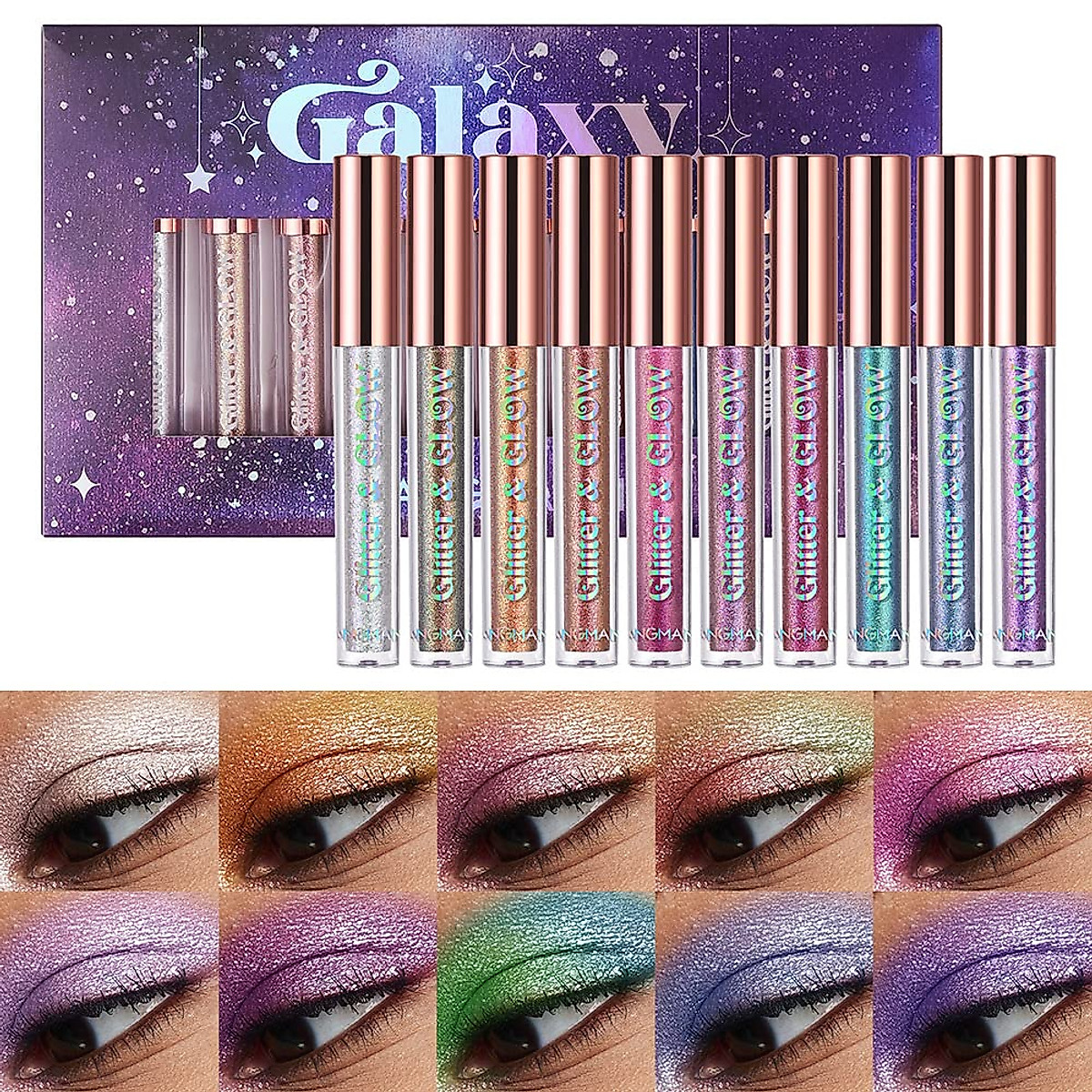 10 Colors Glitter Pearl Liquid Eyeshadow Waterproof Metallic Diamond Shimmer Eye Shadow Set Smudge-proof Shiny Eye Pigment Quick-Drying Sparkling Eye Shadow Naked Smokey Eye Looks Makeup