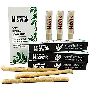 GOWO 3 Pack Miswak Sticks and Holders - Natural Teeth Whitening Kit - Natural Toothbrush - No Toothpaste Needed - Herbal Teeth Whitener and Breath Freshener - (Includes 3 Sticks and 3 Holders)