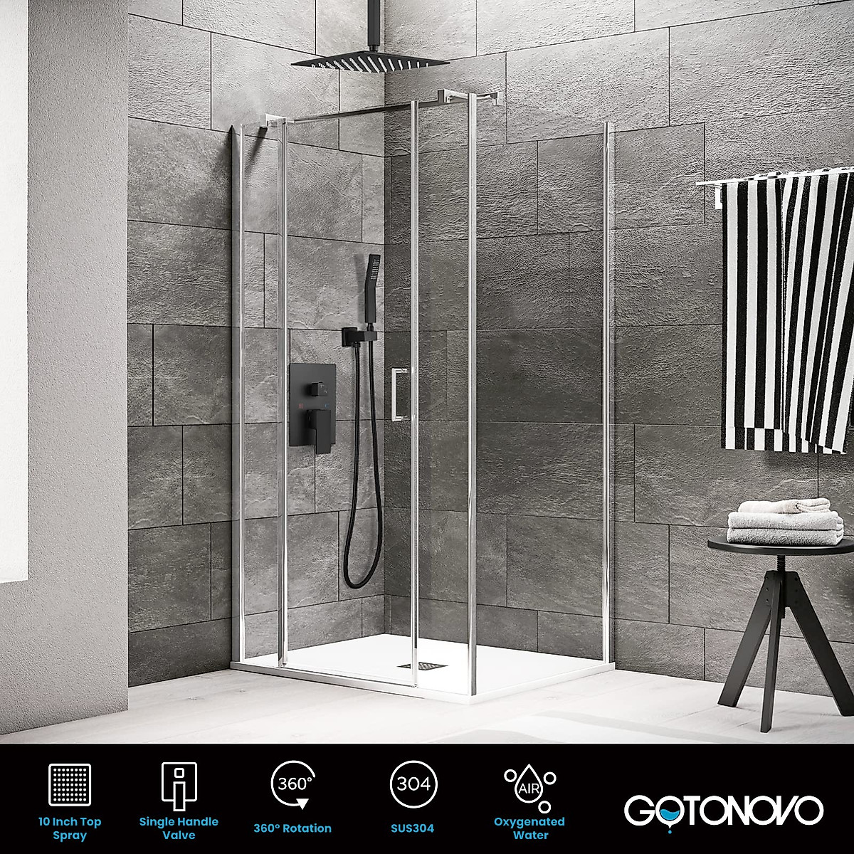 gotonovo Bathroom Matte Black 10 Inch Rainfall Shower Head Ceiling Mount with Handheld Spray Shower Mixer Faucet Luxury High Pressure Shower Combo Set Rough-in Valve and Shower Trim Included