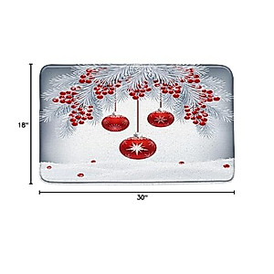 YSATNSFT Merry Christmas Bath Mat Red Christmas Ball White Snow Pine Leaf Berry Winter Snowfield Festive Theme Bathroom Bedroom Kitchen Toilet Rug Soft Memory Foam Backing,18x30 Inch