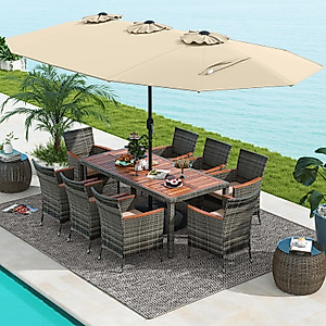 Tangkula 10 Pieces Patio Wicker Dining Set w/Double-Sided Patio Umbrella, Outdoor Acacia Wood Furniture Set w/ 8 Armchairs, 71” Dining Table & 15 ft Umbrella with Weighted Base (Beige)