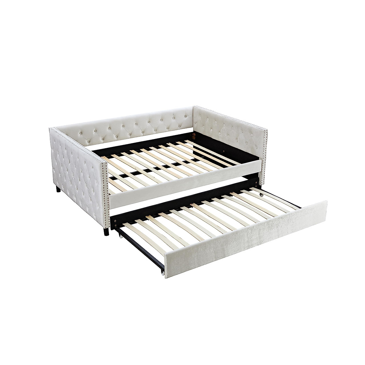 Royard Oaktree Daybed with Trundle Upgraded Velvet Upholstered Full Size Day Bed Button-Tufted Sofa Daybed Frame with Trundle, No Box Spring Needed, Furniture for Bedroom Living Room Guest Room, Beige