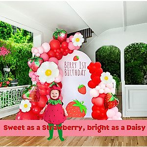 Yeewaka Strawberry balloon garland arch kit 130pcs Red Pink with Strawberry and Daisy mylar balloon for girl baby shower berryfirst 1st birthday Two sweet groovy theme Birthday decorations