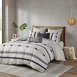 INK+IVY Cody Cotton Duvet Set - Geometric Modern Design with Fringe Tassel Trim and Pom Accent, All Season, Breathable Cover for Comforter Bedding, Shams, King/Cal King(104"x92") Gray/Navy 3 Piece