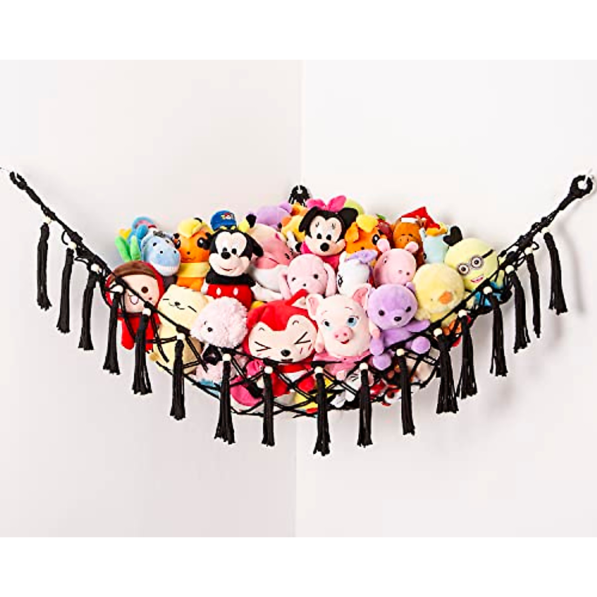 MAKEONEWO Stuffed Animal Toy Hammock Hanging- Macrame Toy Hammock with Tassels-Stuff Animals Organizer Storage Boho Large Corner Plush Toys Net Holder for Nursery, Play Room, Kids Bedroom (Black), 1 Pack