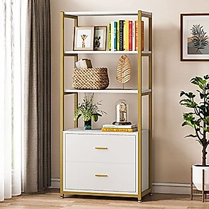 Tribesigns Bookcase, 4-Tier Bookshelf with 2 Drawers, Etagere Standard Book Shelves Display Shelf for Home Office (Gold/White)