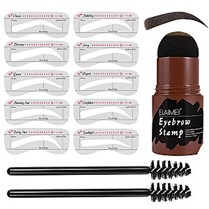 Stamp Eyebrow Stencil Kit,Waterproof Brow Stamp Shaping Kit Eyebrow Definer with 10 Reusable Stencils and 2 Small Pencil Brushes(Medium Brown)