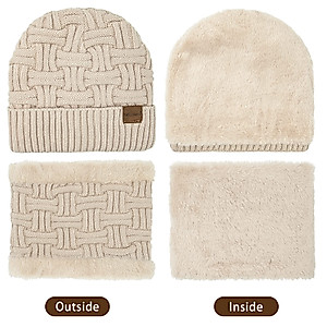 Loritta 3-Pieces Winter Hat Neck Warmer Touchscreen Gloves Set Knit Thick Scarf Beanie Hat Scarves Set Gifts for Women, Beige
